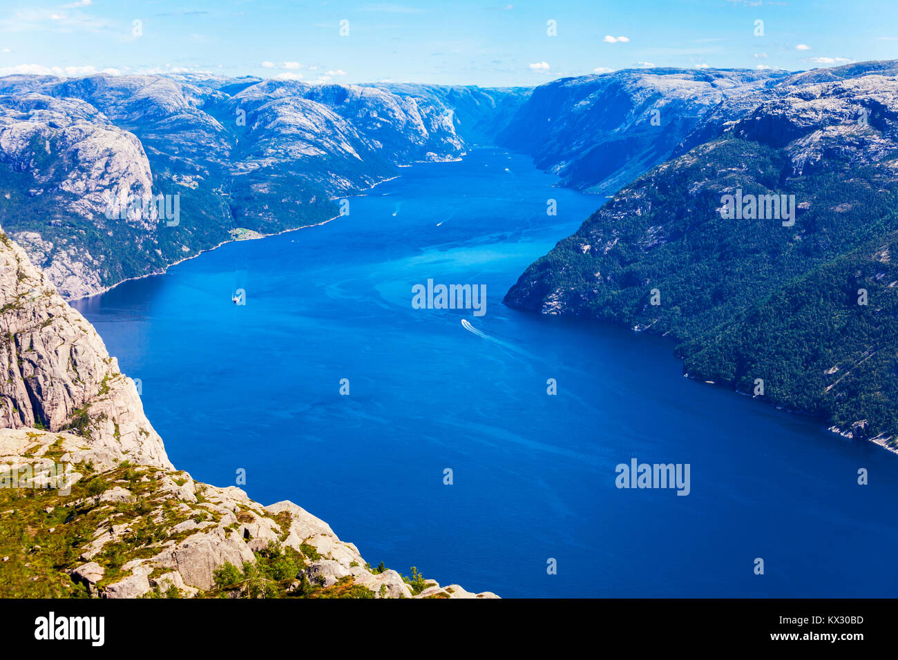 Lysefjord aerial panoramic view from the top of the Preikestolen cliff ...