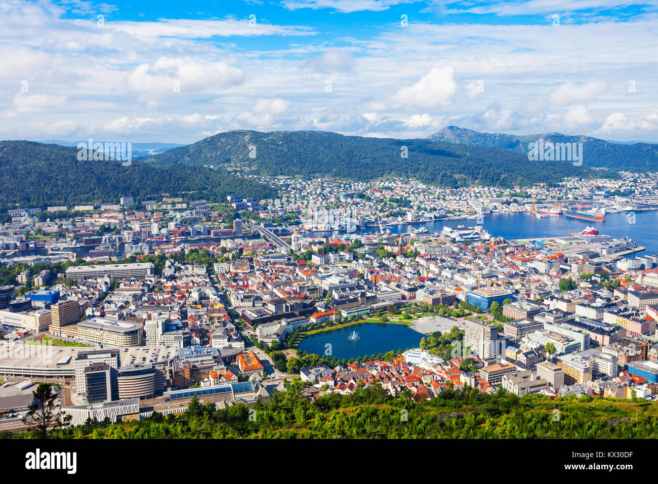Bergen aerial panoramic view from Mount Floyen viewpoint. Bergen is a ...