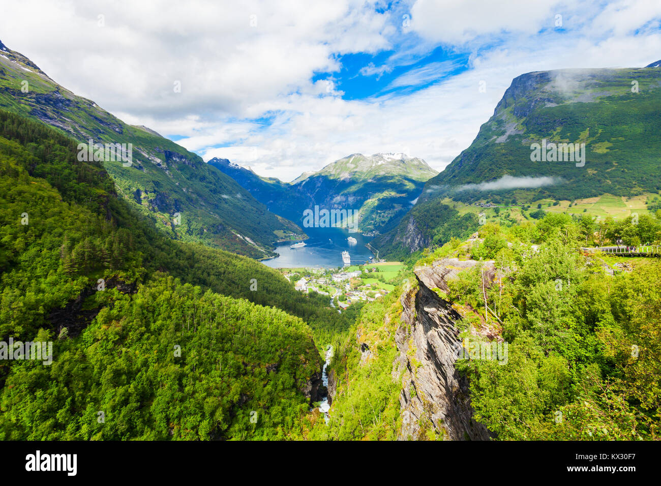 Geirangerfjord and Geiranger village aerial view from Flydalsjuvet ...