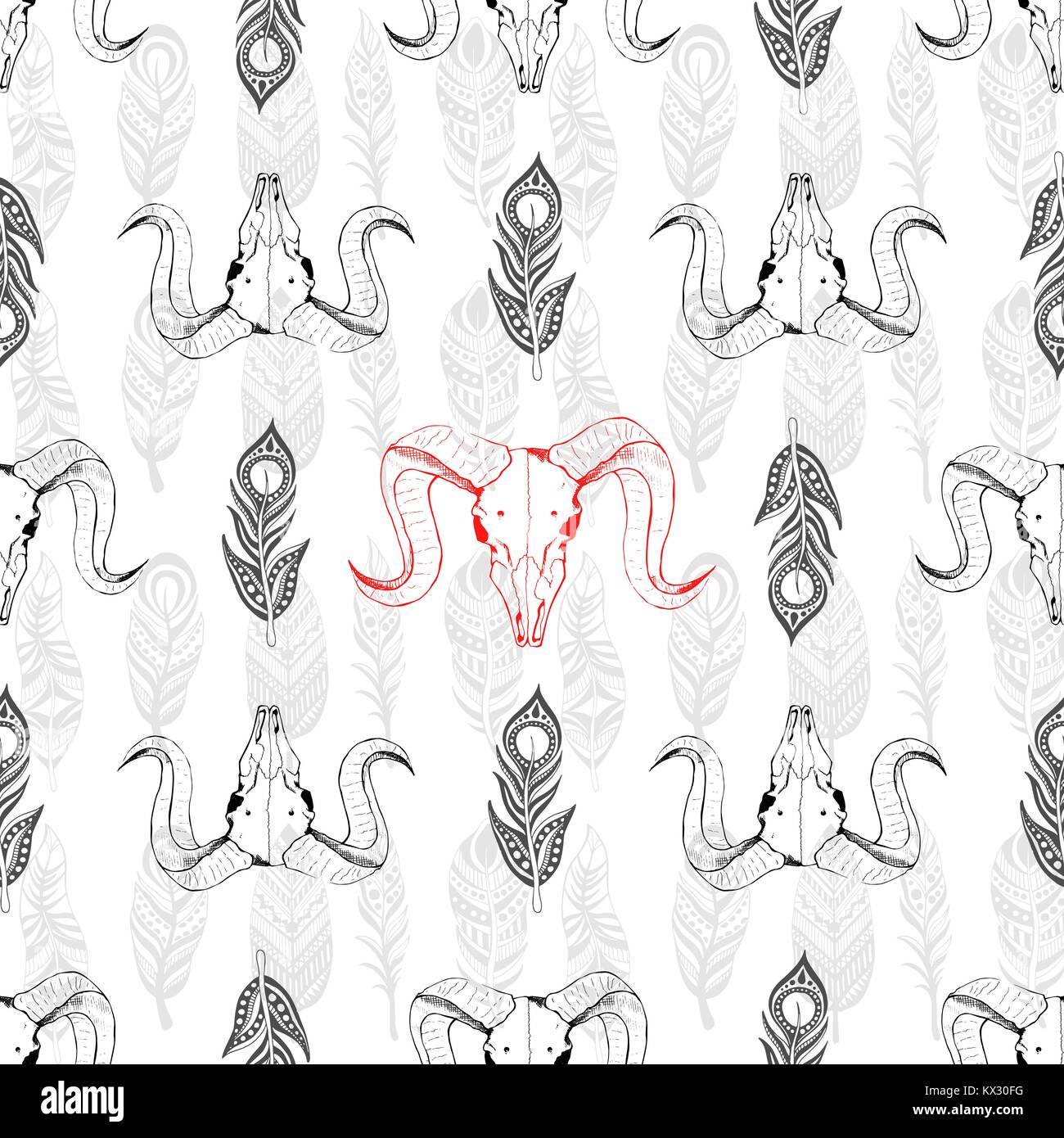 Seamless pattern with skulls of goat and hand-drawn feathers . Line ...