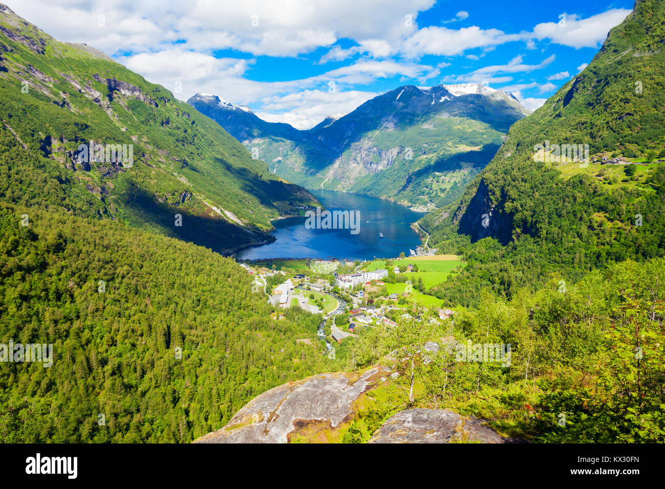 Geirangerfjord and Geiranger village aerial view from Flydalsjuvet ...