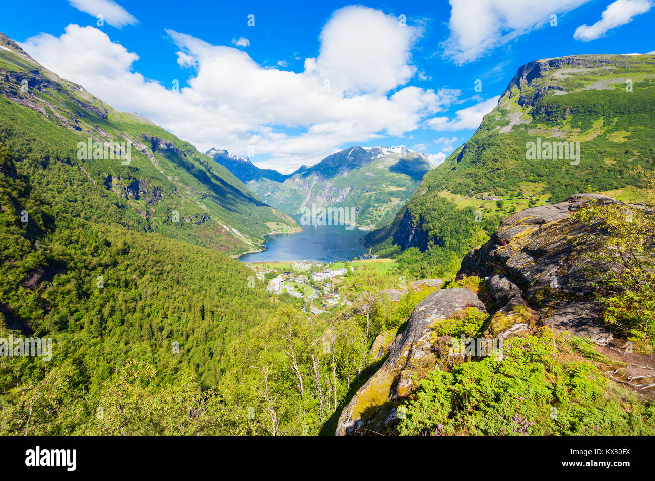 Geirangerfjord and Geiranger village aerial view from Flydalsjuvet ...
