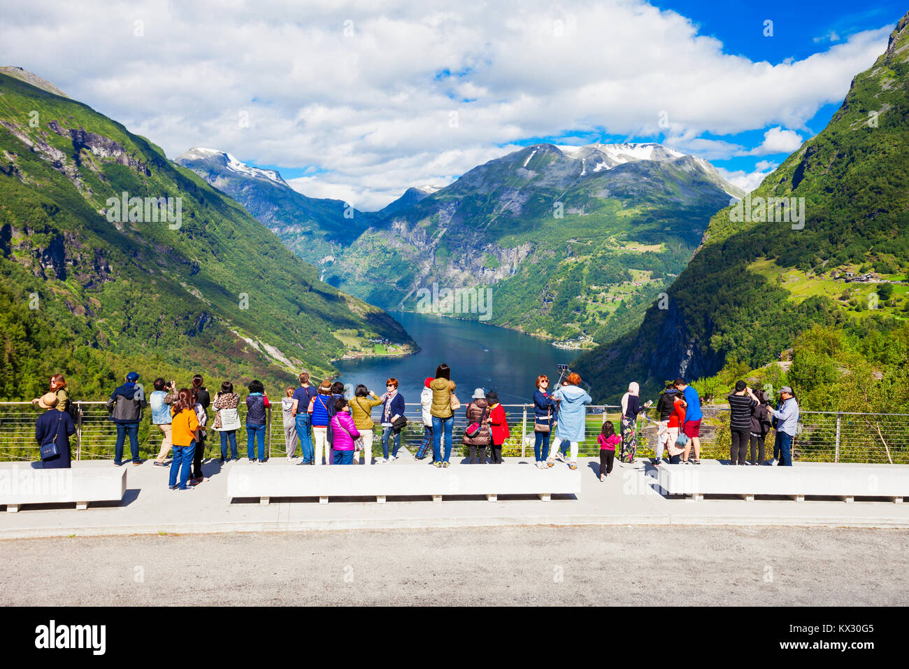 Flydalsjuvet viewpoint with Geirangerfjord and Geiranger village aerial ...