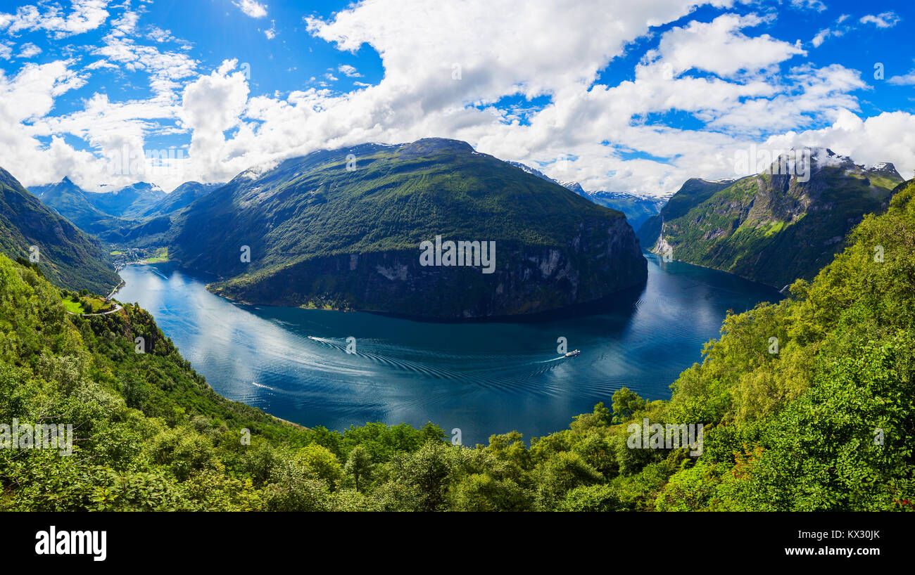 Geirangerfjord aerial panoramic view from Ornesvingen eagle road ...