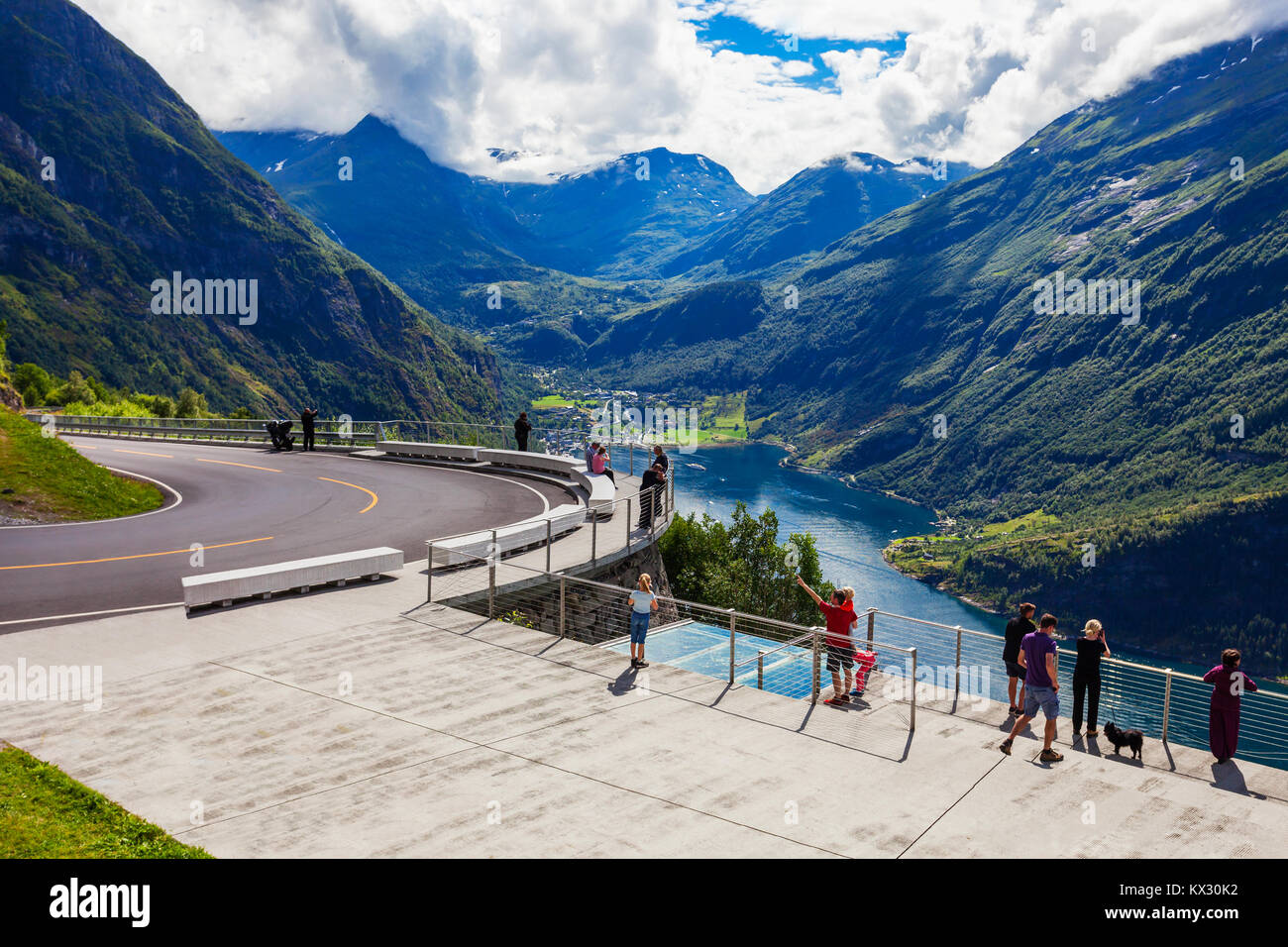 Geirangerfjord aerial panoramic view from Ornesvingen eagle road ...