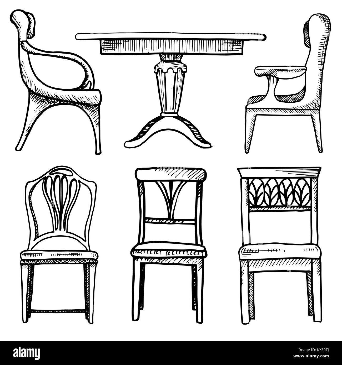 Sketch set isolated furniture. Different chairs and tables. Linear ...
