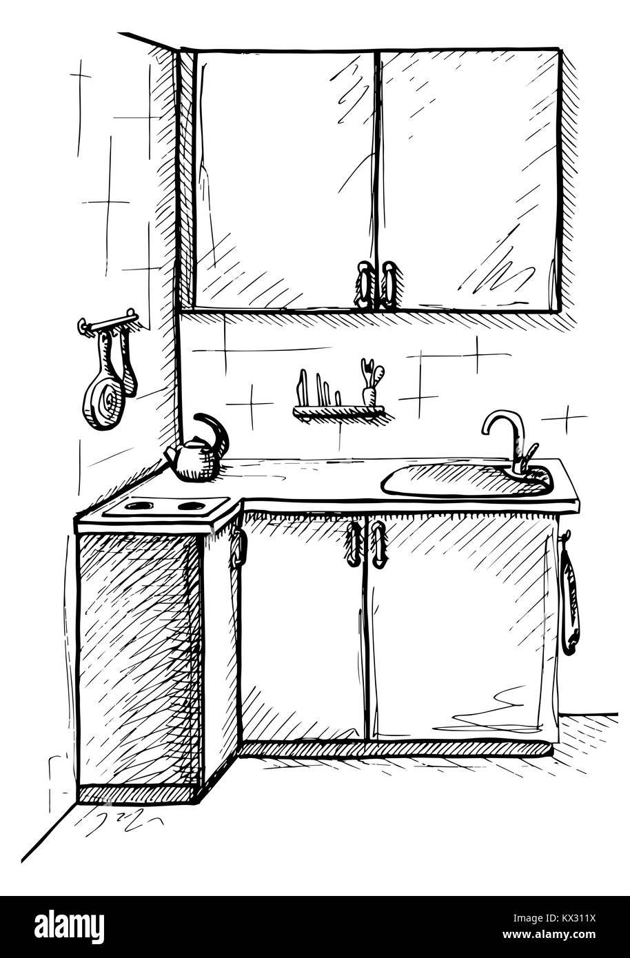 Sketch cuisine. Plan kitchen in line style. Vector illustration Stock ...