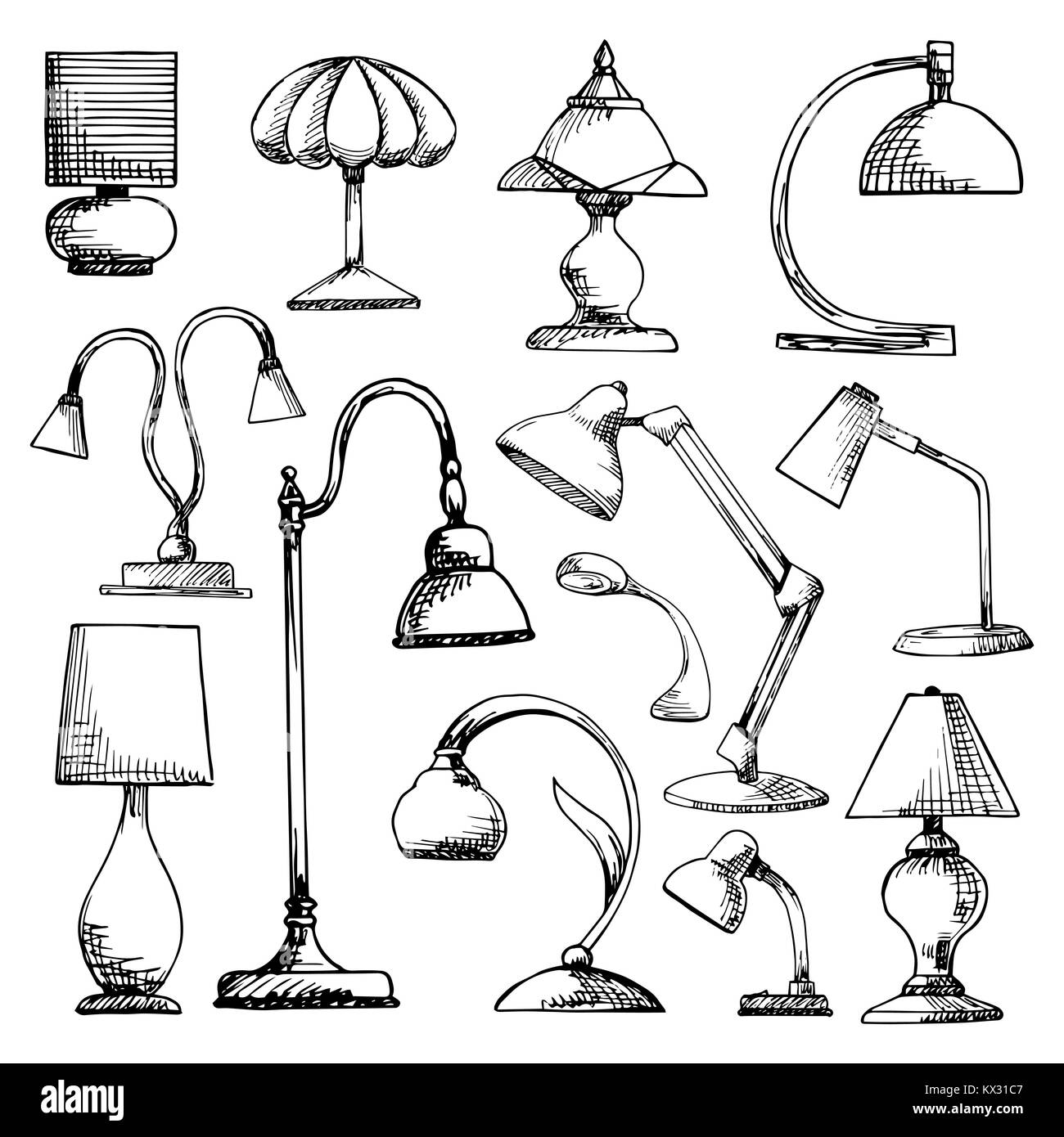 Set lamps isolated on white background. Vector illustration in a sketch ...