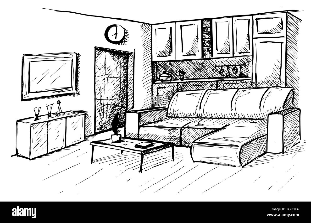 Hand drawn. Linear sketch of an interior. Room plan. Vector ...