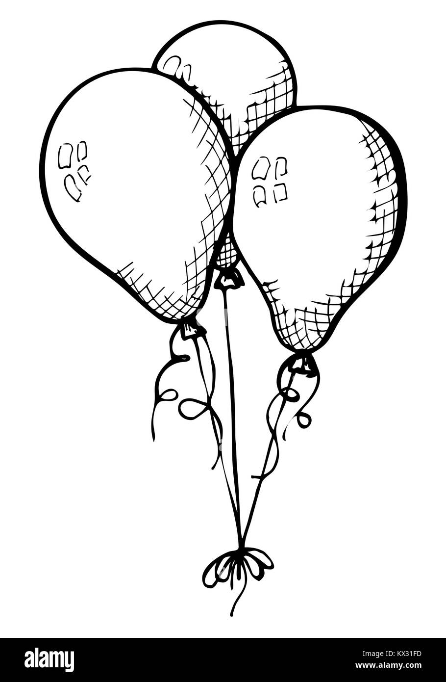 Three balloons on a string. Hand drawn, isolated on a white background ...