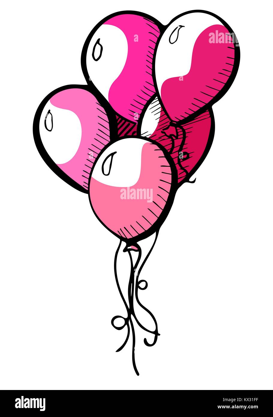 Group of balloons on a string. Hand drawn, isolated on a white ...