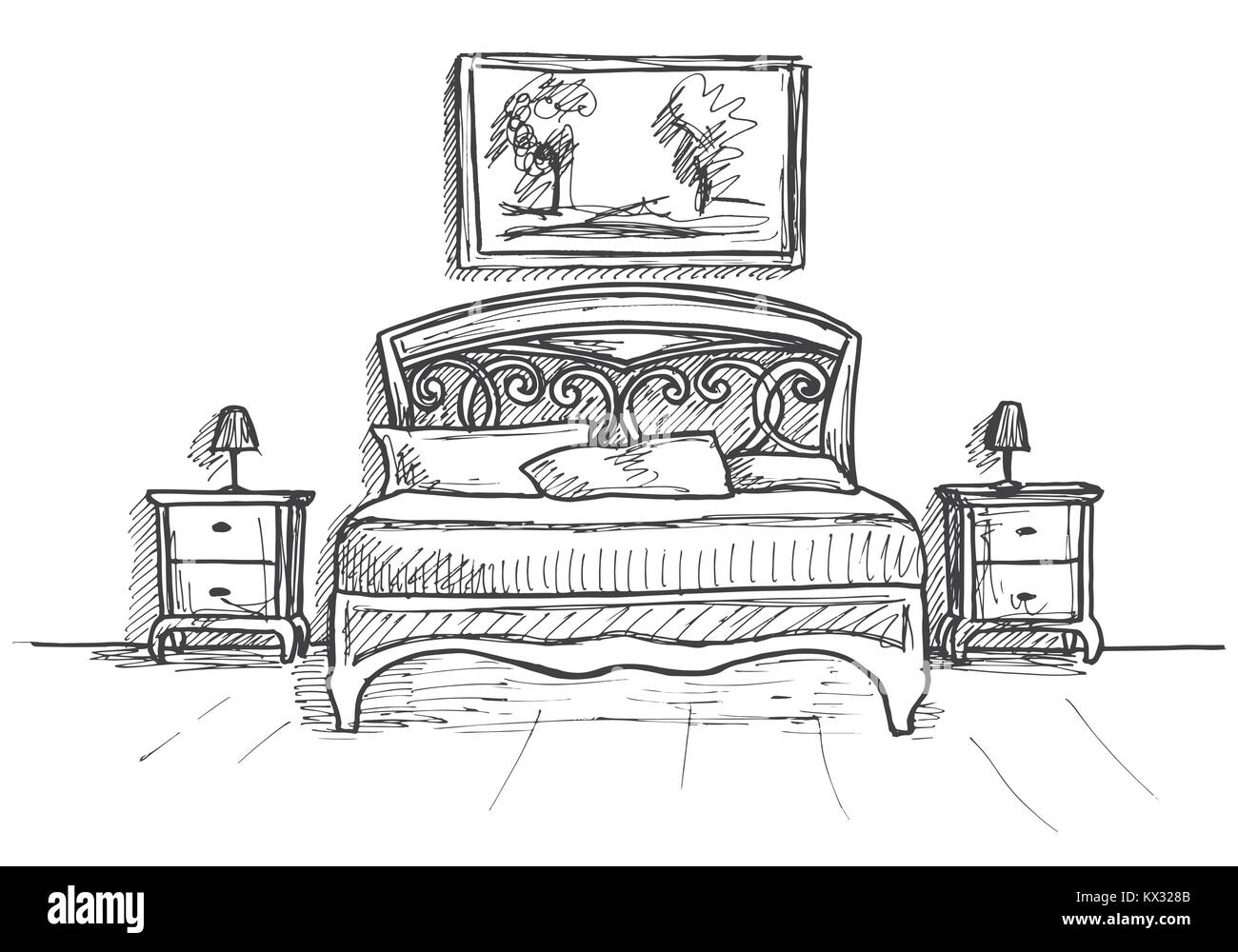 Hand drawn sketch. Linear sketch of an interior. Sketch Line bedrooms ...
