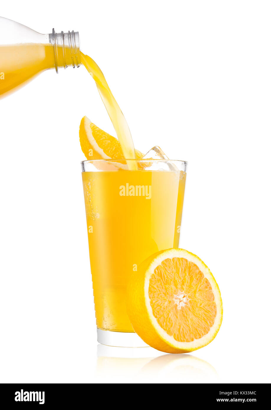 Pouring orange soda drink from bottle to glass with ice cubes on white background Stock Photo ...