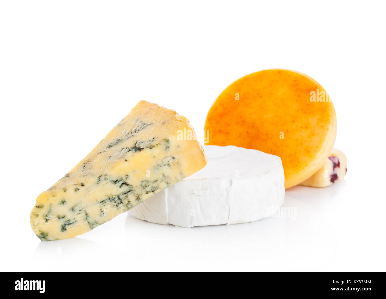 Selection of different cheese on white background with reflection Stock ...