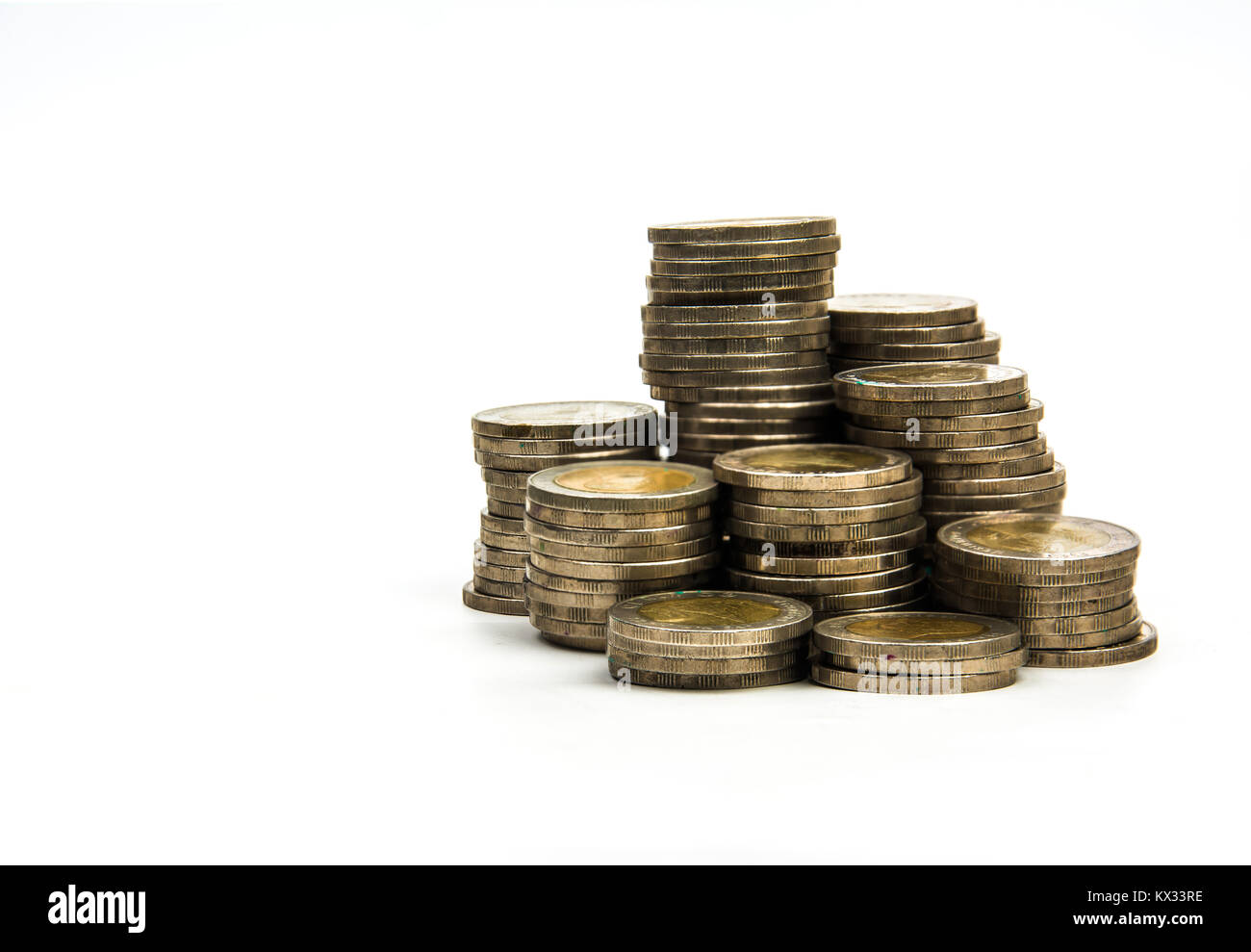 coin stacks on white background Stock Photo - Alamy