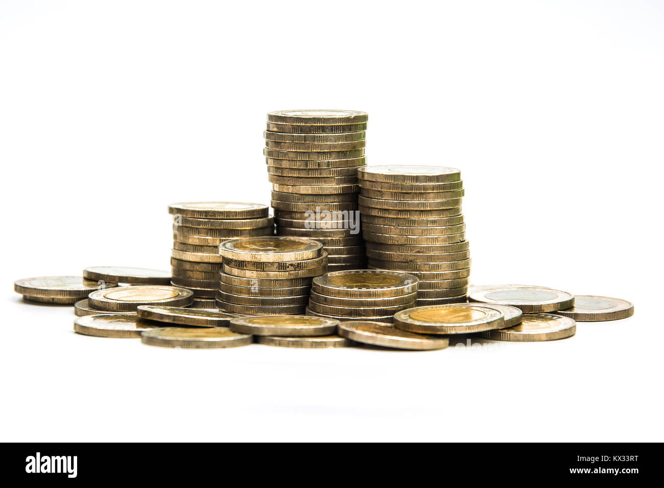 coin stacks on white background Stock Photo - Alamy