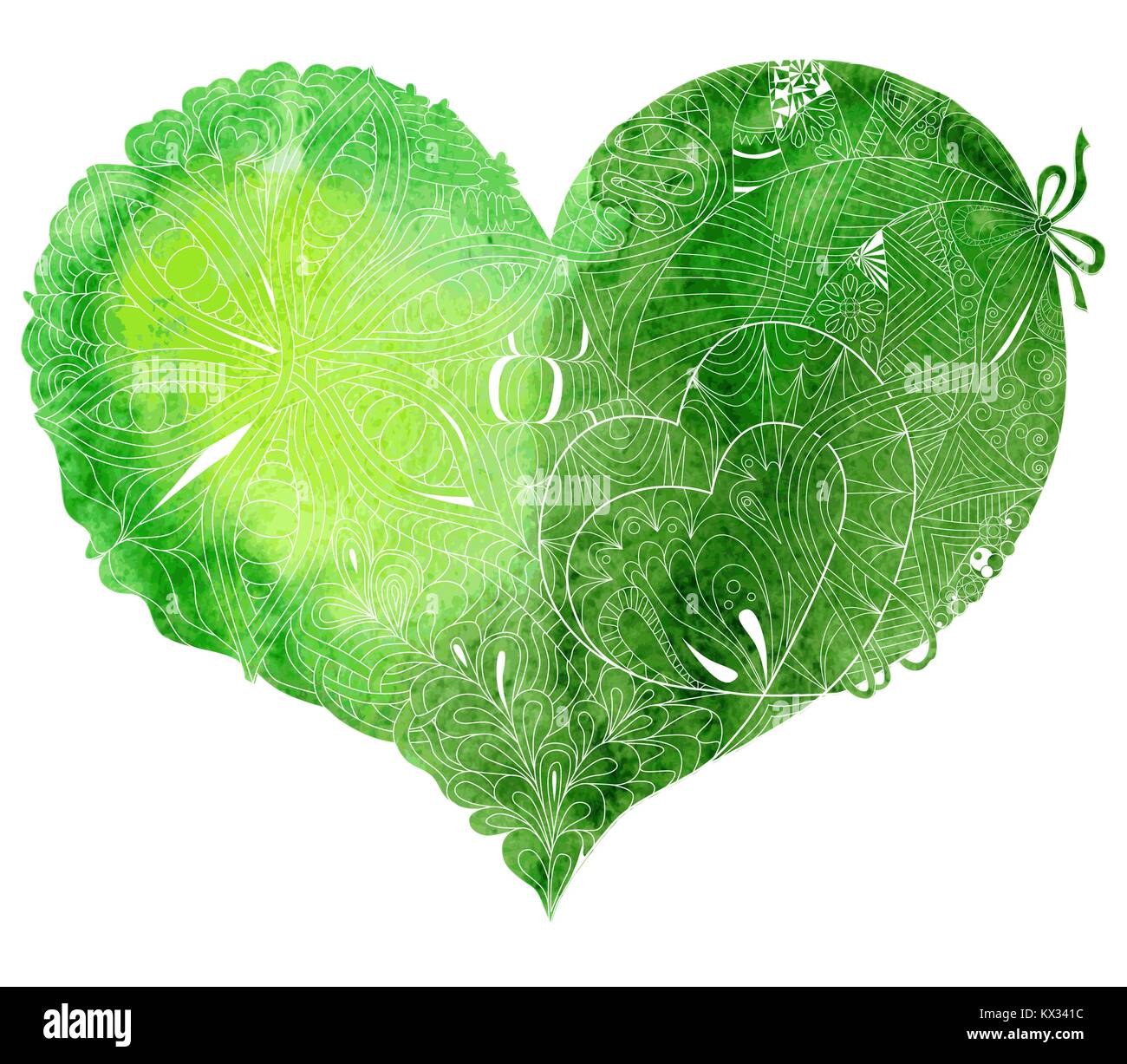 Watercolor drawing of the green heart with a light pattern painted on ...