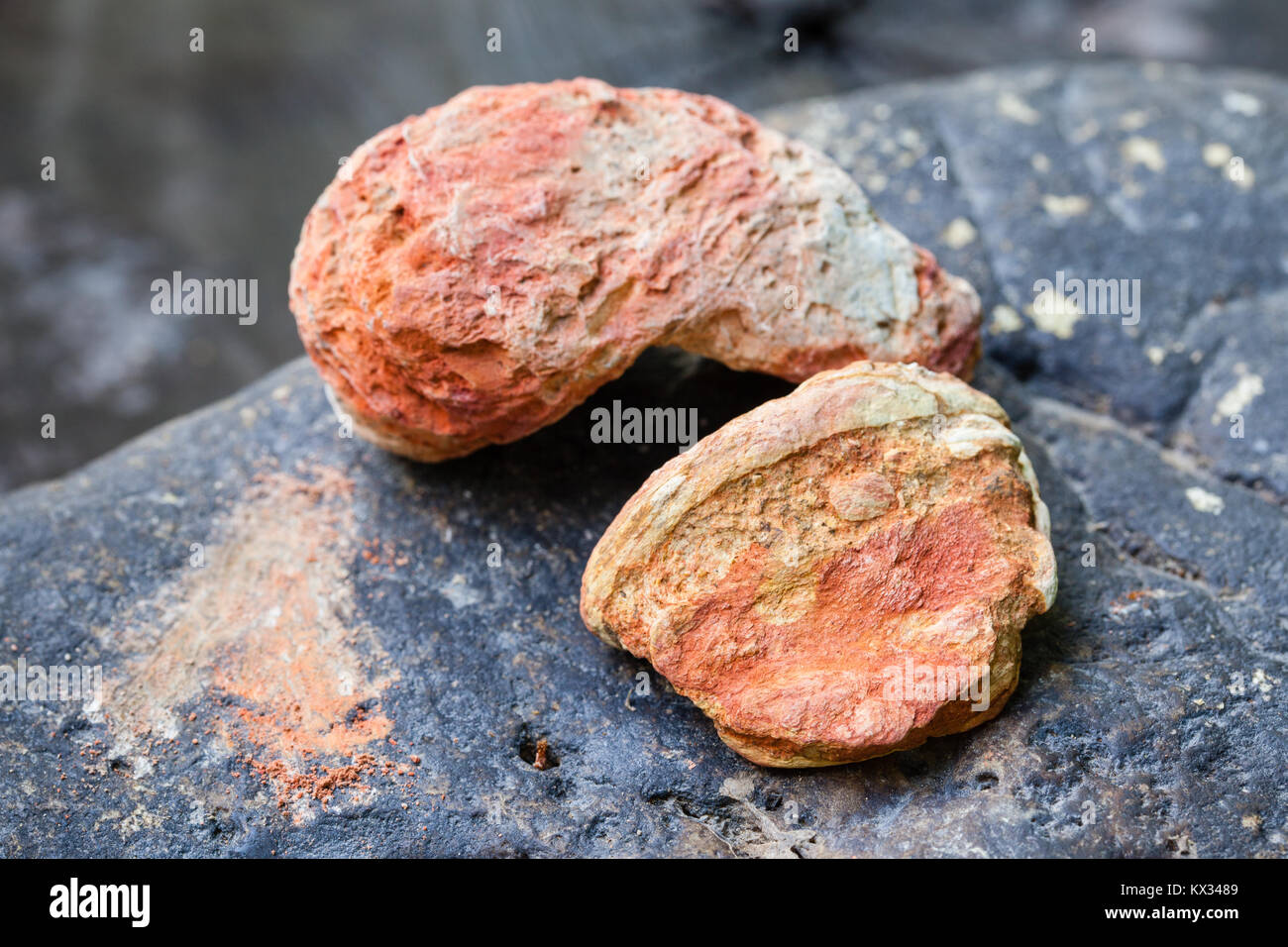 Red Ochre rocks from river bed, with ground powder on left. Hutchinson ...