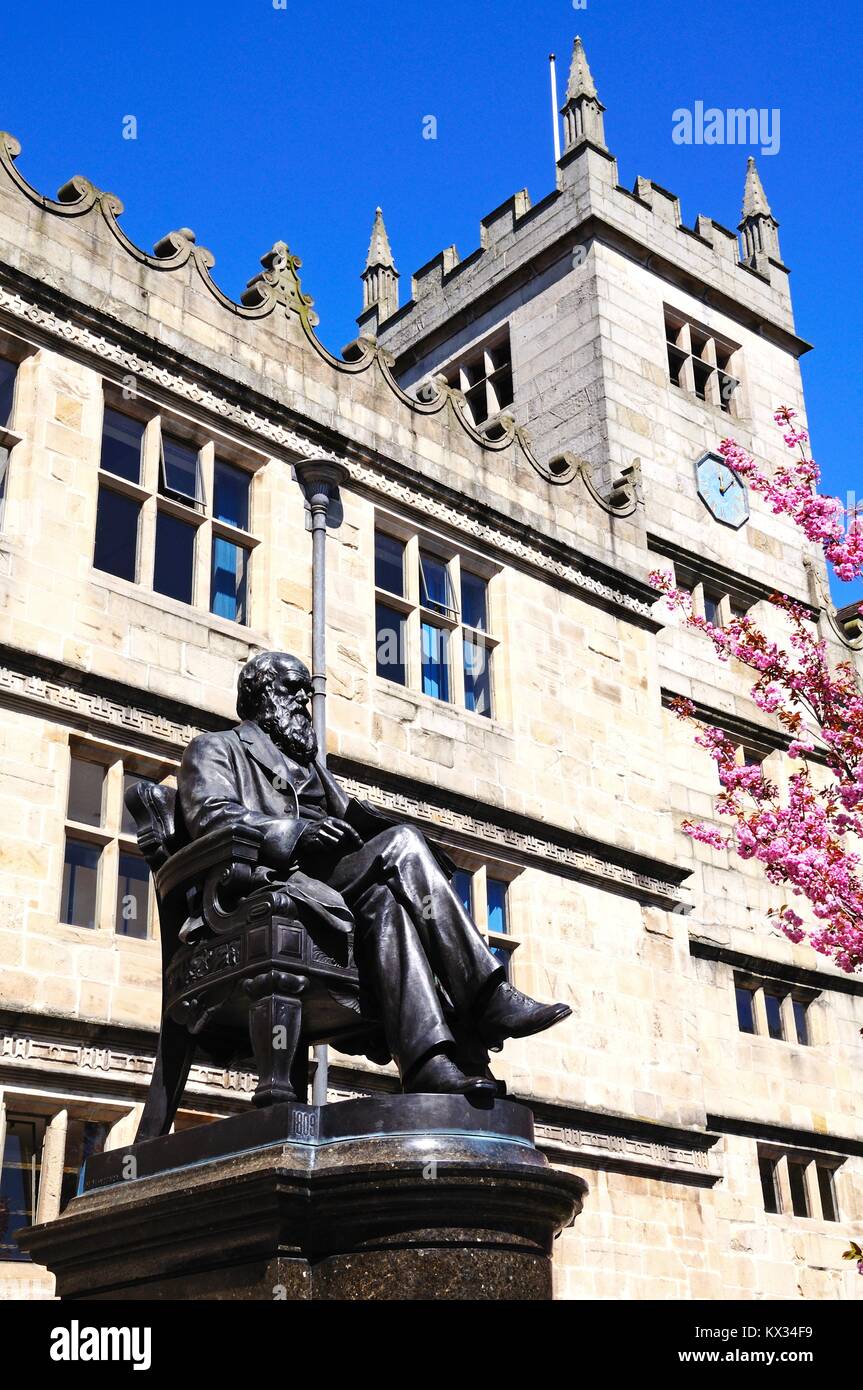 Statue of Charles Darwin outside Castle Gate Library in the Springtime ...