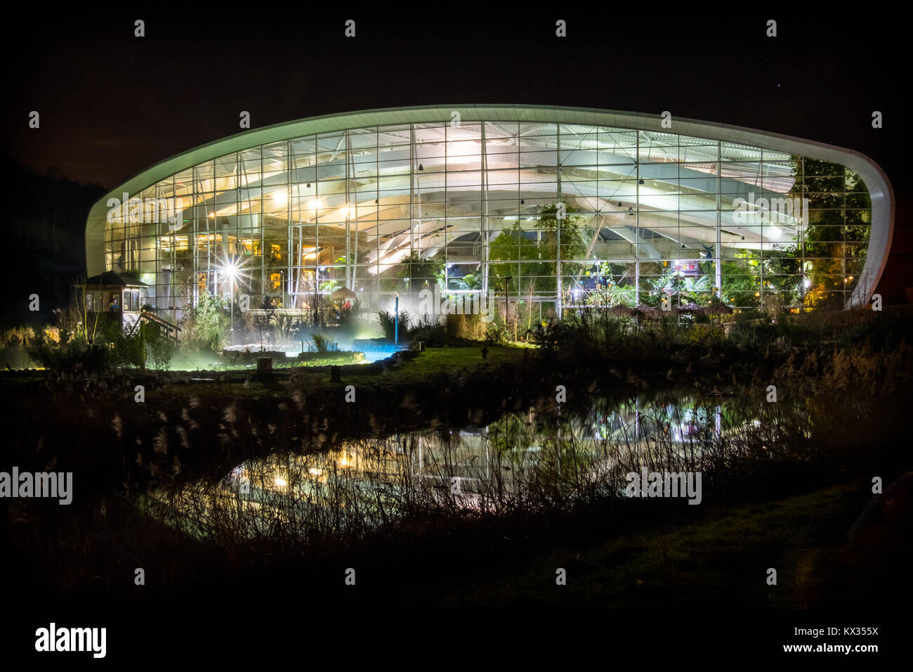 The aquadome at the Centre Parcs resort in Woburn illuminated at night ...