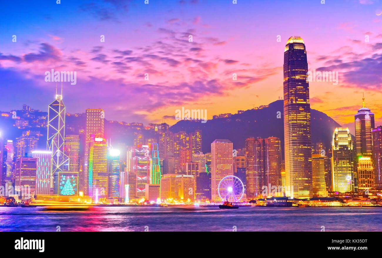 Victoria Harbor and Hong Kong skyline at dusk Stock Photo - Alamy