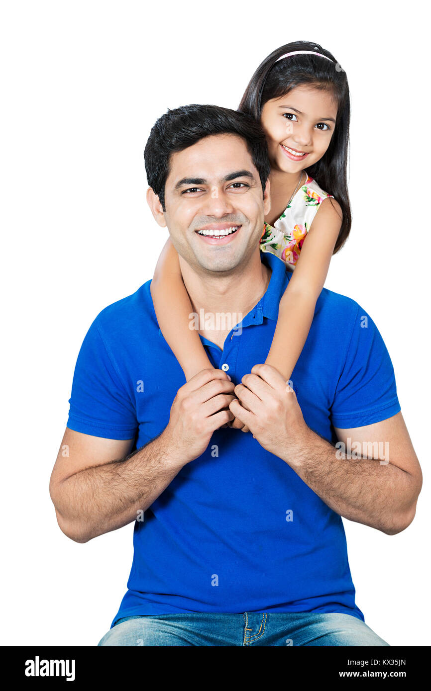 Smiling father and his daughter doing piggyback on White background ...