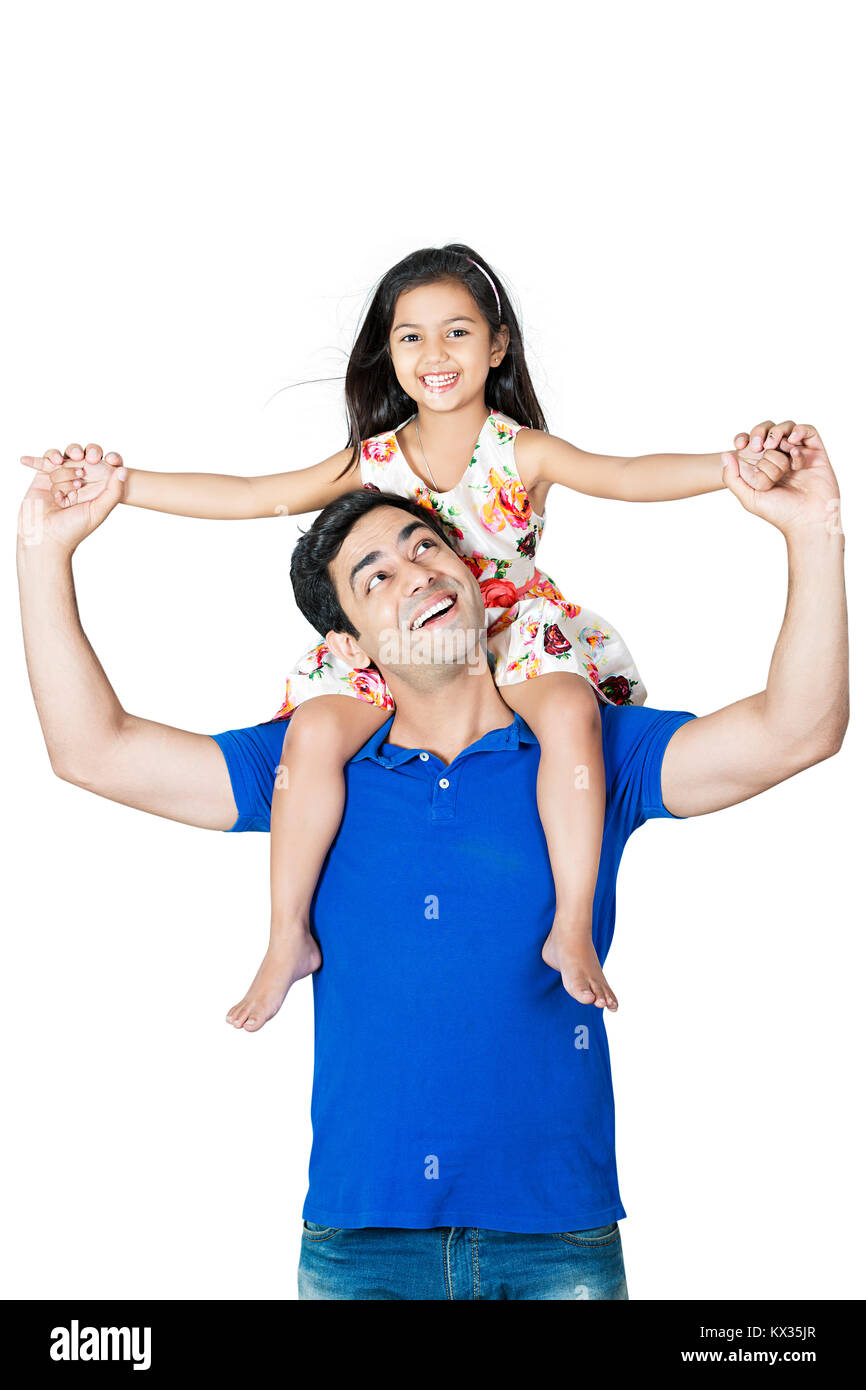 Happy Father Carrying His Kid Daughter On Shoulders Fun Cheerful Stock Photo - Alamy