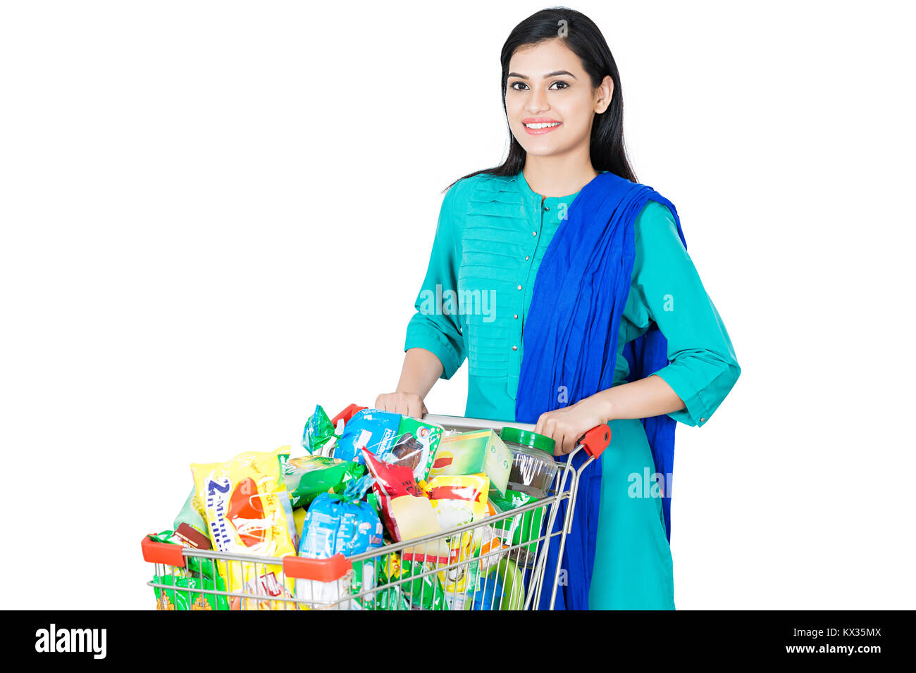 Adult lady pushing supermarket shopping cart full of groceries Stock ...