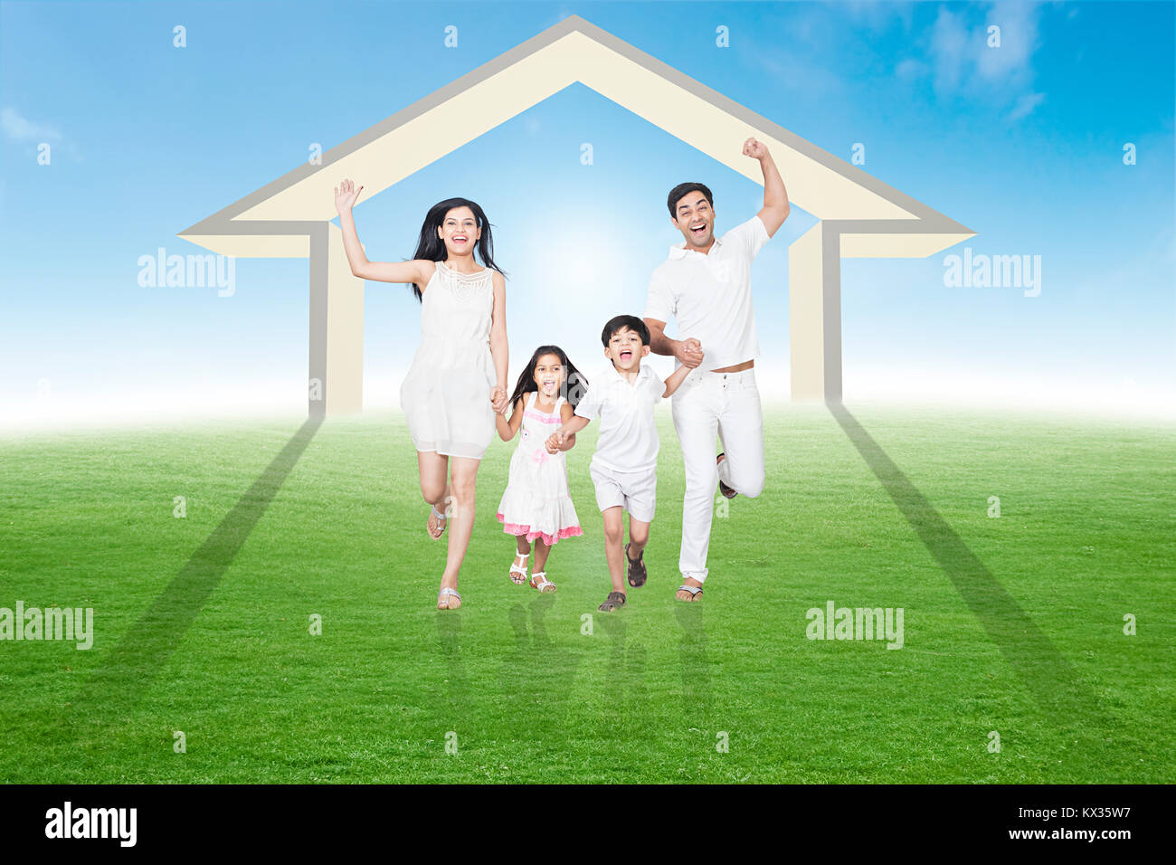 Happy Family, Running Together Having Fun In Park Illustration House ...