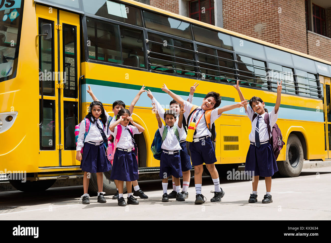Group Indian School Kids Students Standing Together Near Bus Having Fun ...