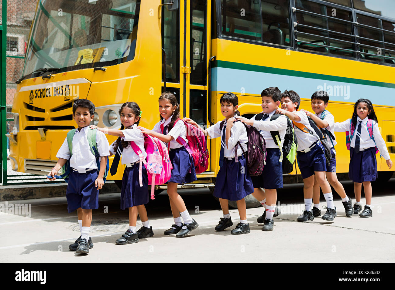 Group Indian School Childrens Students Standing Together Queues Near ...