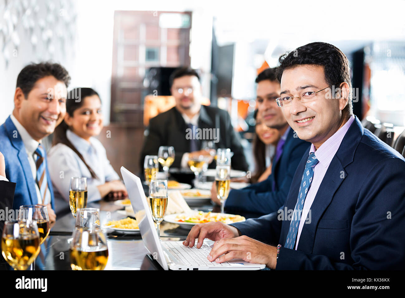 Business Man Dining Table laptop Working With Partners Restaurant Party ...