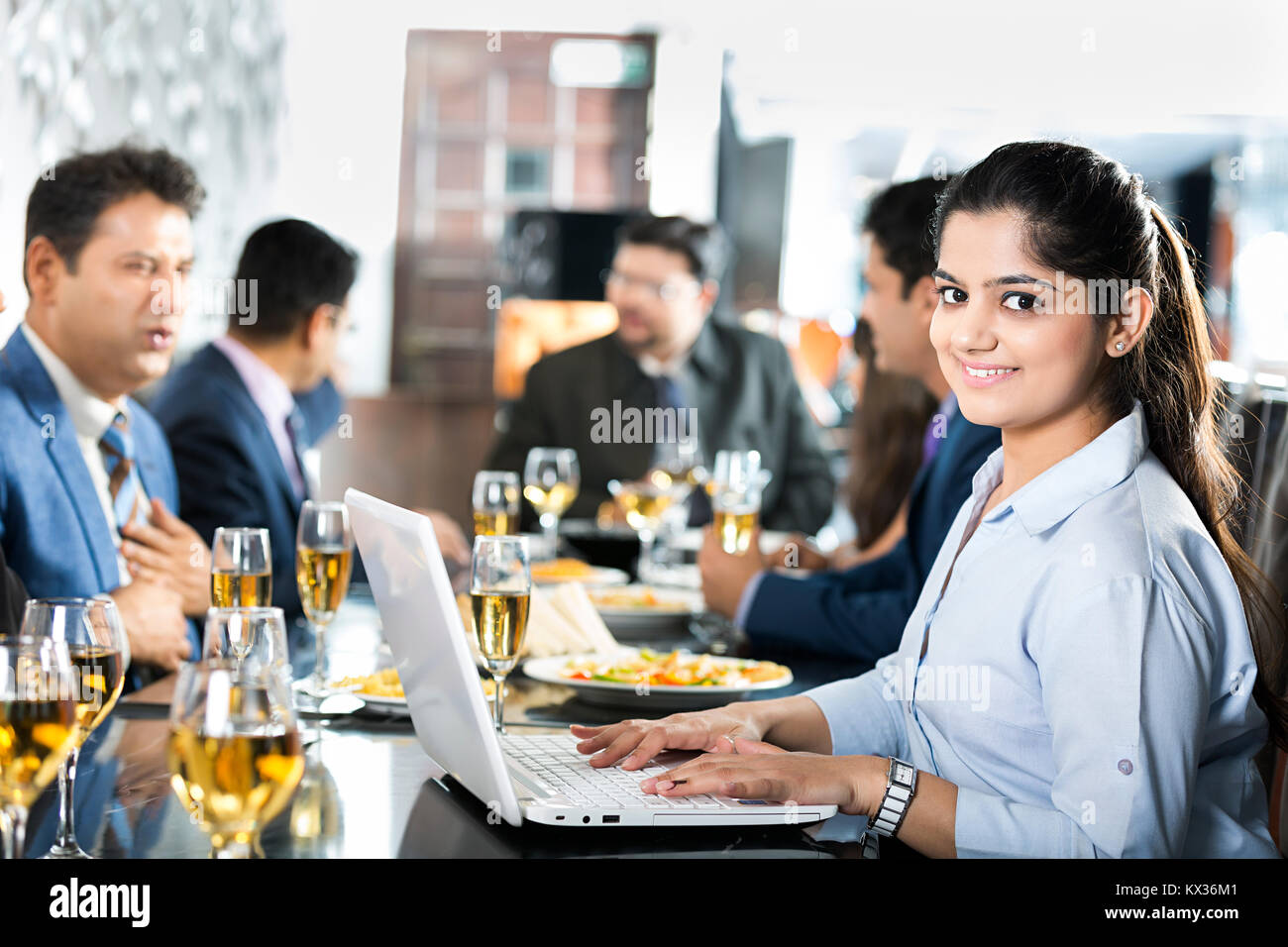 Business Female Dining Table Laptop Working With Colleagues Restaurant ...