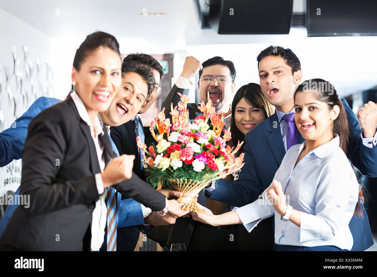 Group Business People colleague giving Bouquet Manager Promotion ...