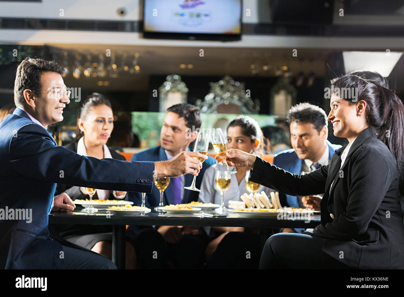 Group Business Men,Women Colleagues Champagne Party During Dinner In ...