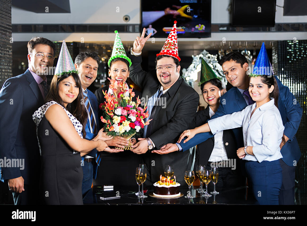 Group Businessmen And Businesswomen.Partner Birthday Giving Bouquet ...