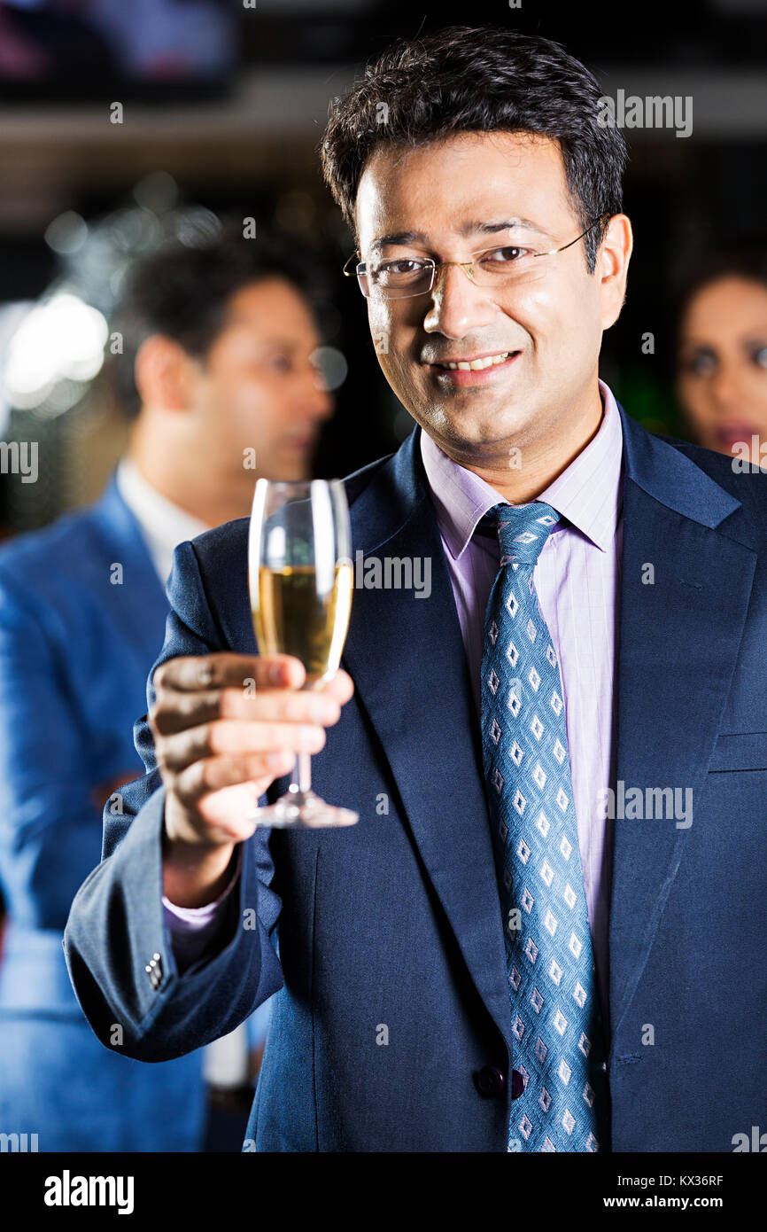 Happy One Businessman Holding Champagne Glass Drinking Party In Hotel