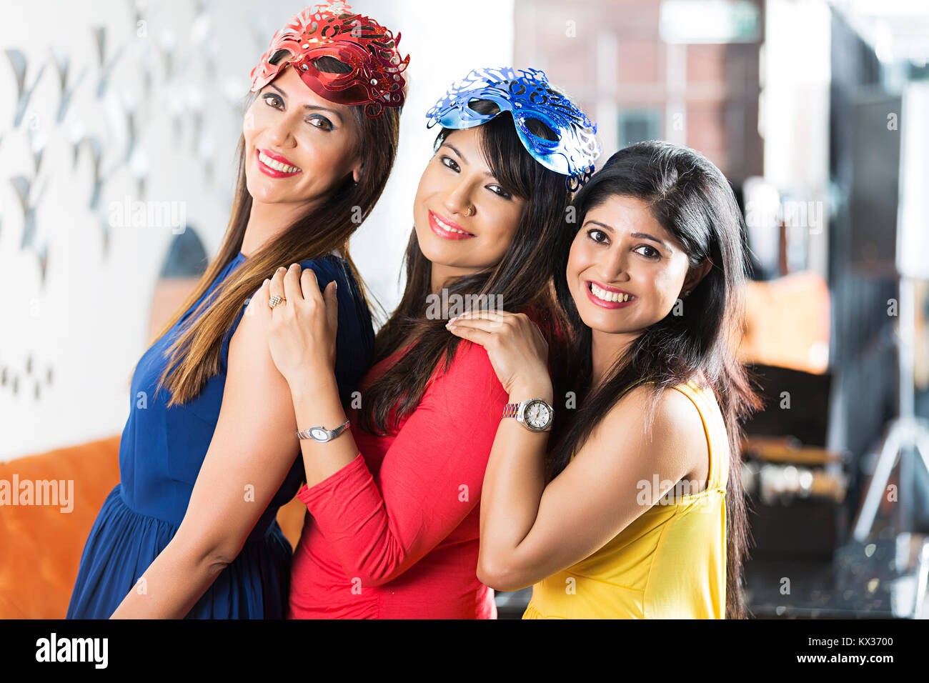 Three Ladies Friends Stading Together Enjoying New-Year Party ...