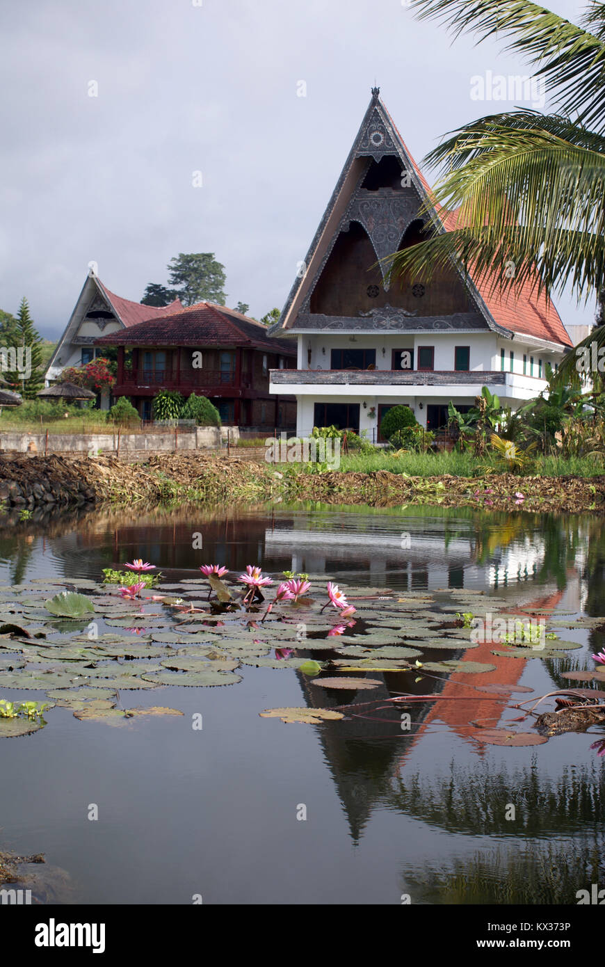 Traditional house and lotuses, lake Toba Stock Photo - Alamy