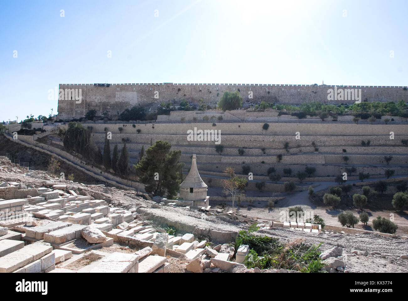Wide angle picture of many tombs in the ancient Jewish Cemetery and the ...