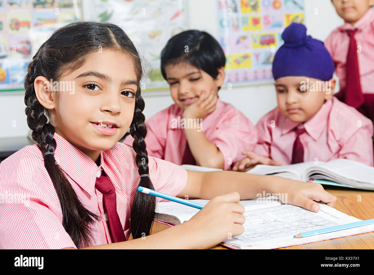 Indian School Kids Friends Book Studying In Classroom Education Stock ...