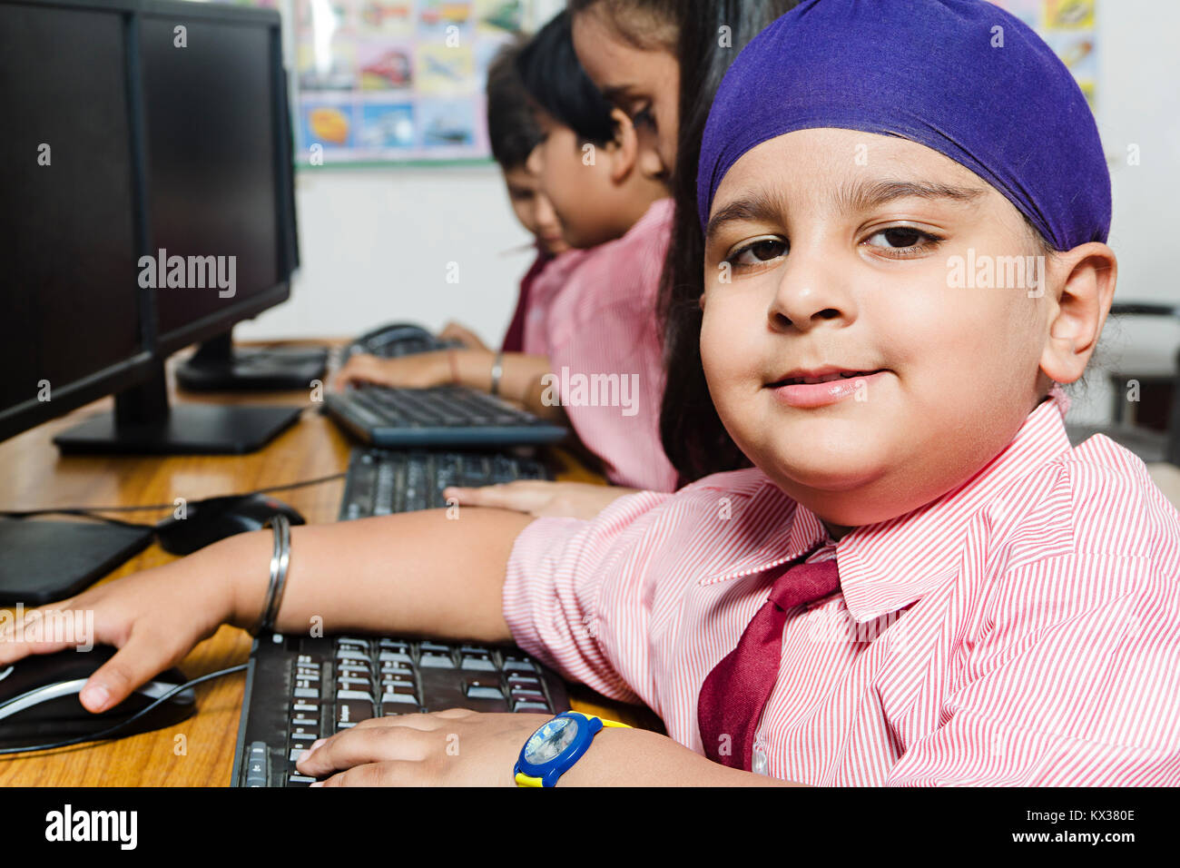 Indian School Children With Computer