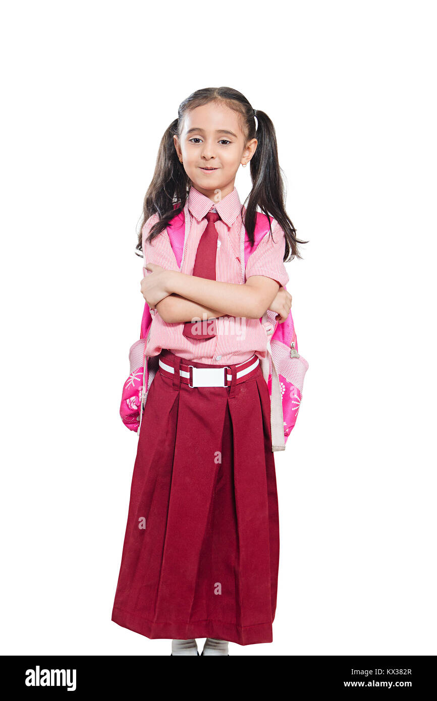 1 School Kid Girl Student Arms Crossed Standing White Background Stock ...