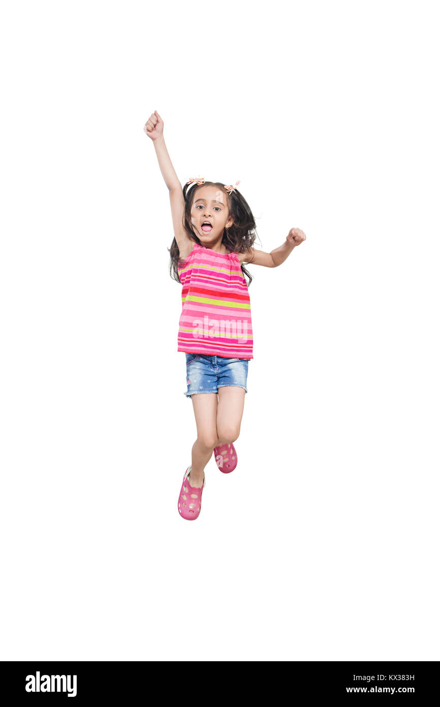Shouted 1 Indian kid Girl Jumping having Fun Enjoy Cheerful Stock Photo ...