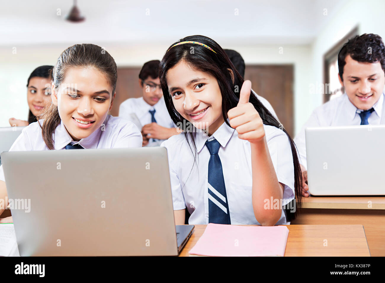 2 Indian School Girls Friend Laptop Education Learning Showing Thumbsup ...
