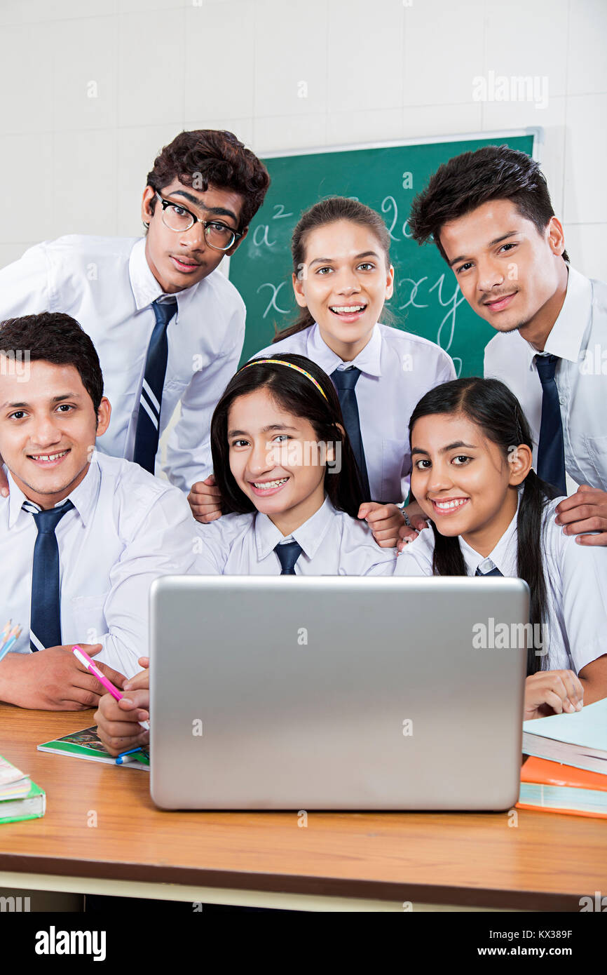 Indian Group School Students Classmate Using Laptop Studying Education ...