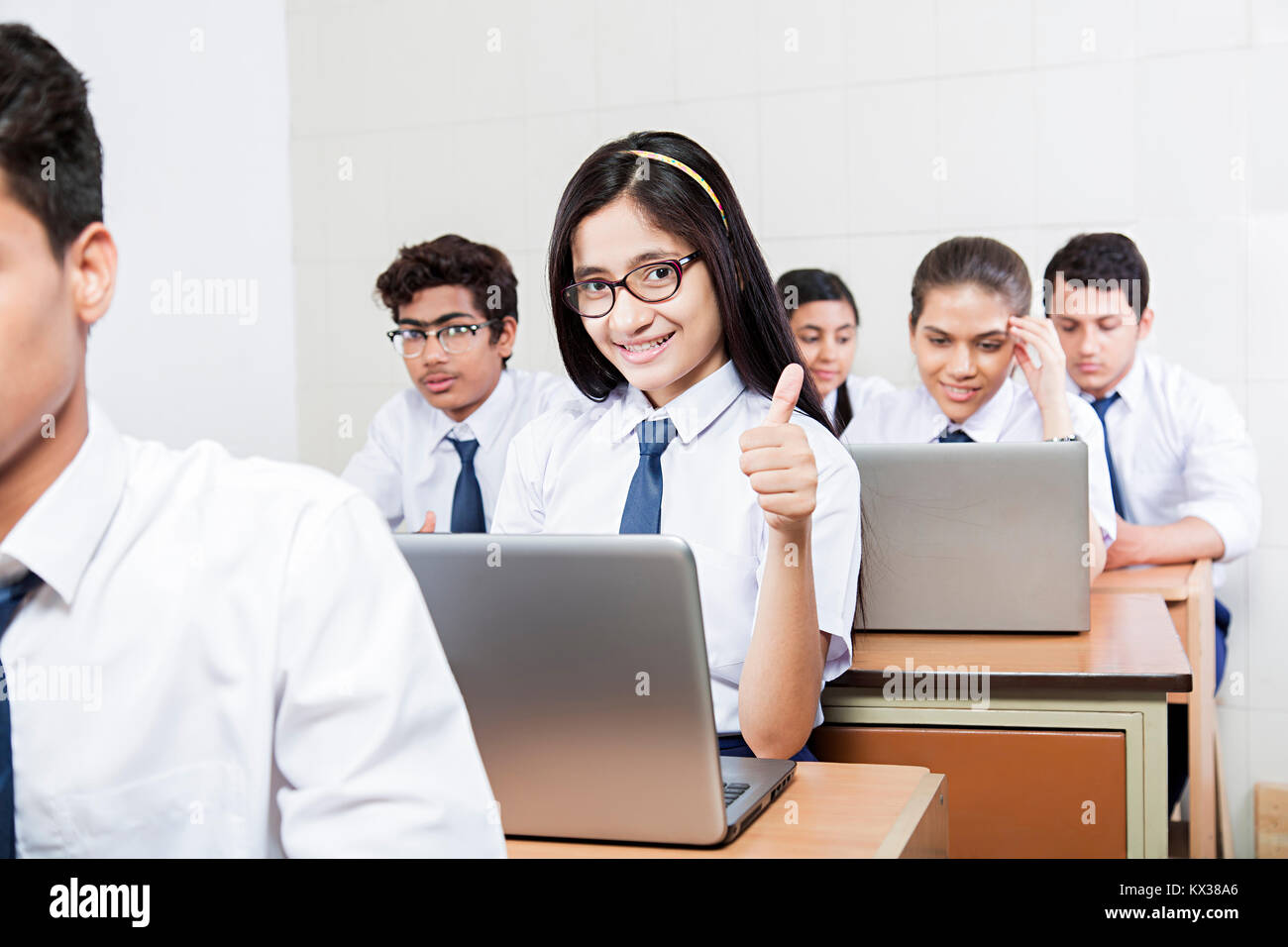Indian Group High School Students Girl Showing Thumbs up Success Stock ...