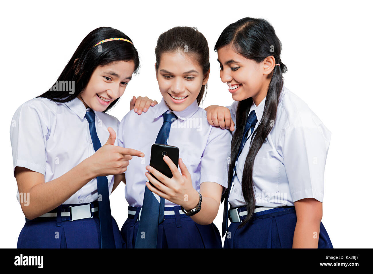 3 Indian School Girls Students Reading Text Messaging Mobile Phone ...