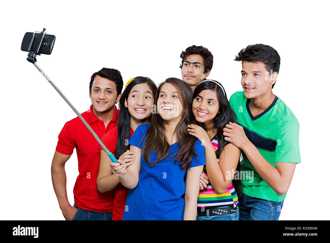 Happy Indian Group Young Friends Together Taking Selfie Phone Stick ...