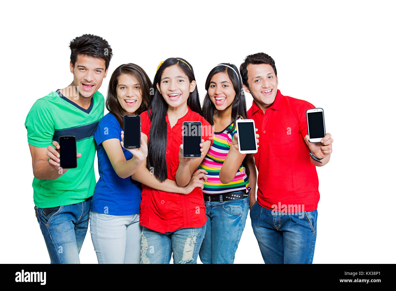Happy Indian Group Young Teenagers Friends Showing New Smart Phone ...